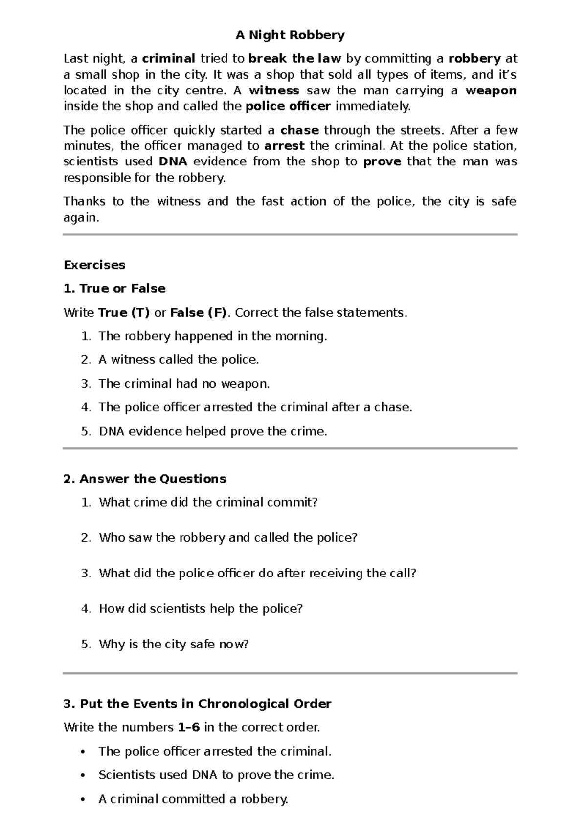 2nd ESO Options - Unit 4 - A Night Robbery Summary and Exercises - Studocu