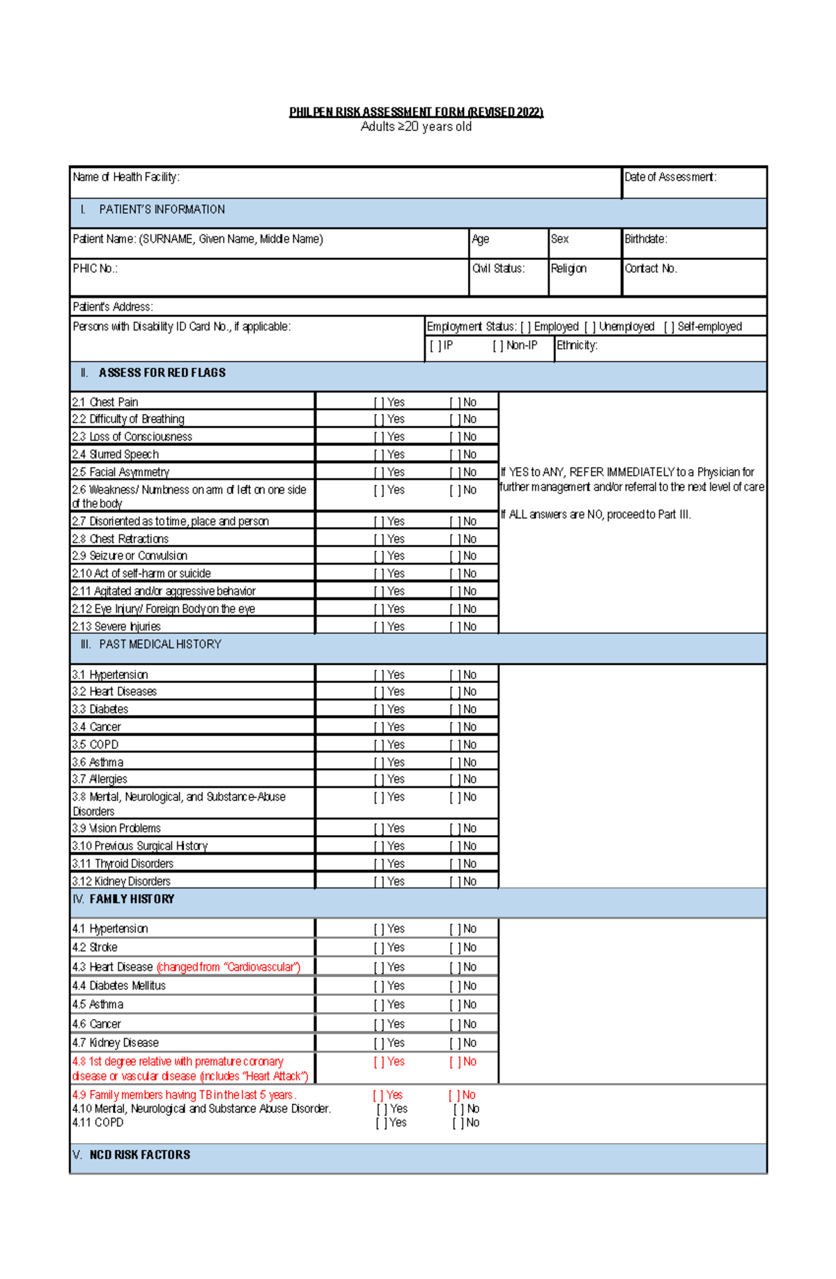 PHILPEN Risk Assessment Form (Revised 2022) for Adults Over 20 - Studocu