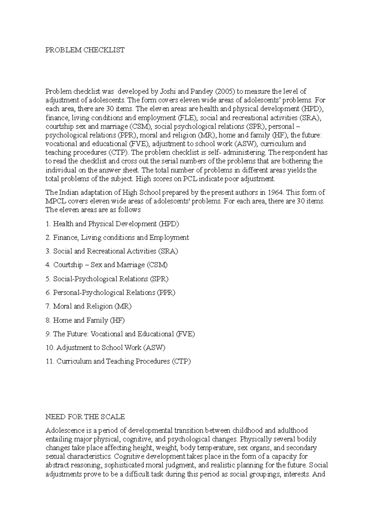 Problem Checklist Tool Discussion: Adolescent Adjustment Assessment ...