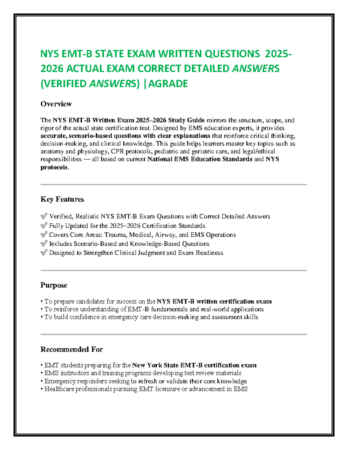 NYS EMT-B State Exam Written Questions 2025-2026: Verified Answers ...