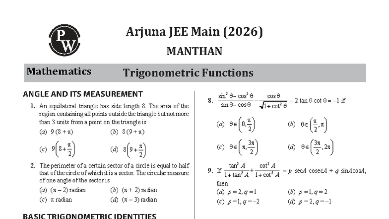 Trigonometric Functions Practice Sheet for JEE Main (2026) - Studocu