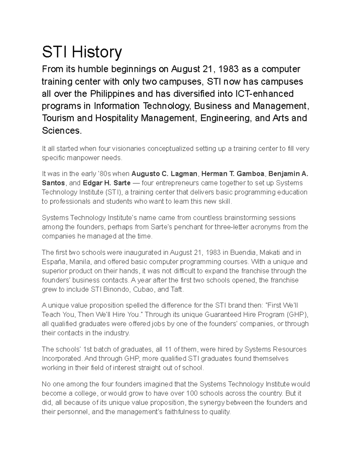 Attachment 2 - lab exercise - STI History From its humble beginnings on August 21, 1983 as a ...