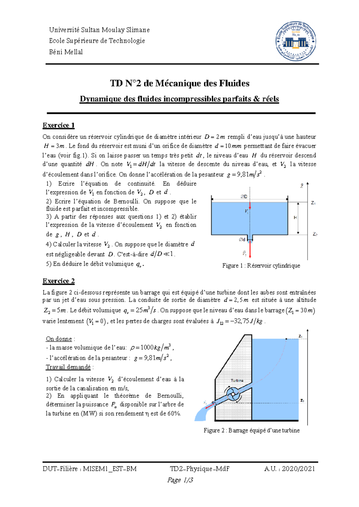 TD N2 - Dynamique des Fluides Incompressibles et Réels - Mécanique - Studocu
