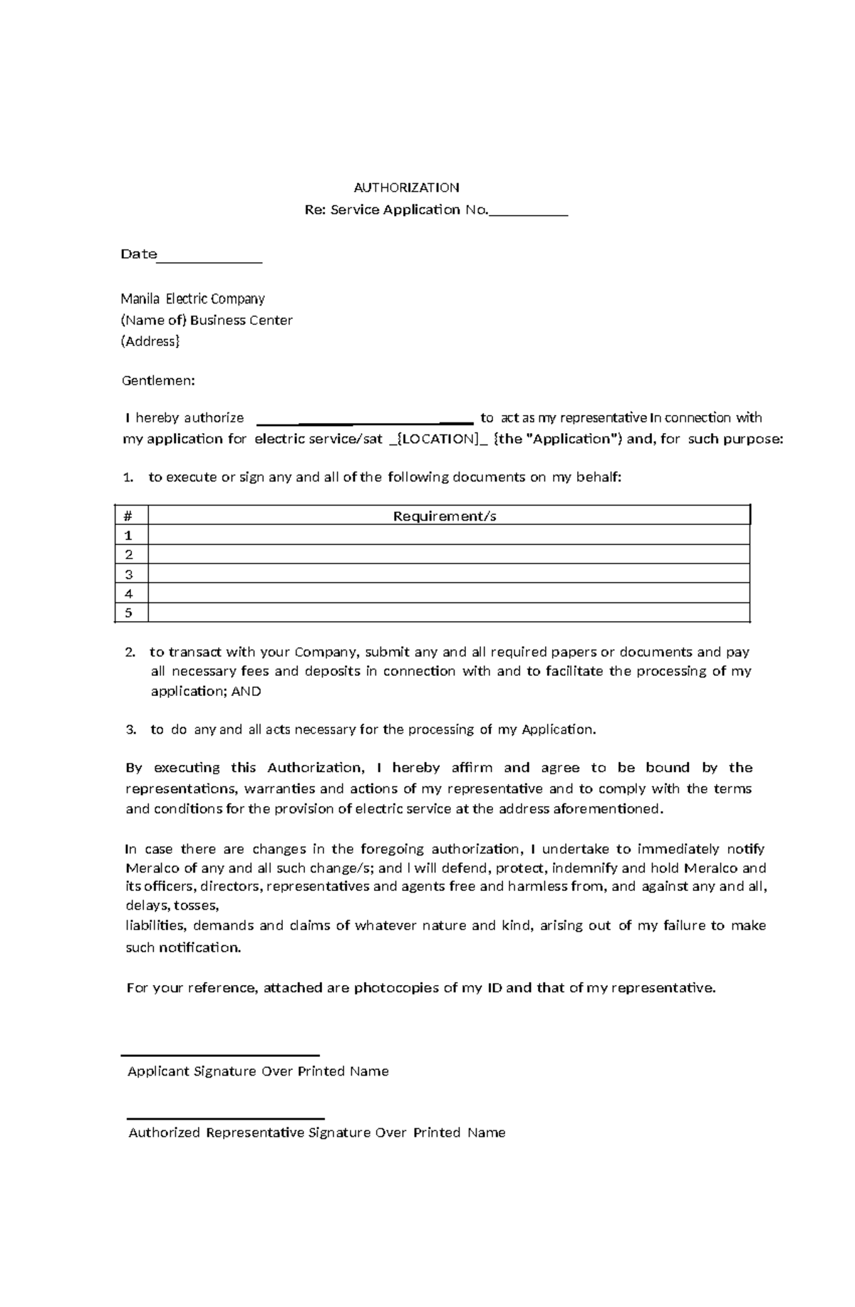 Meralco Service Application Authorization Form - Studocu