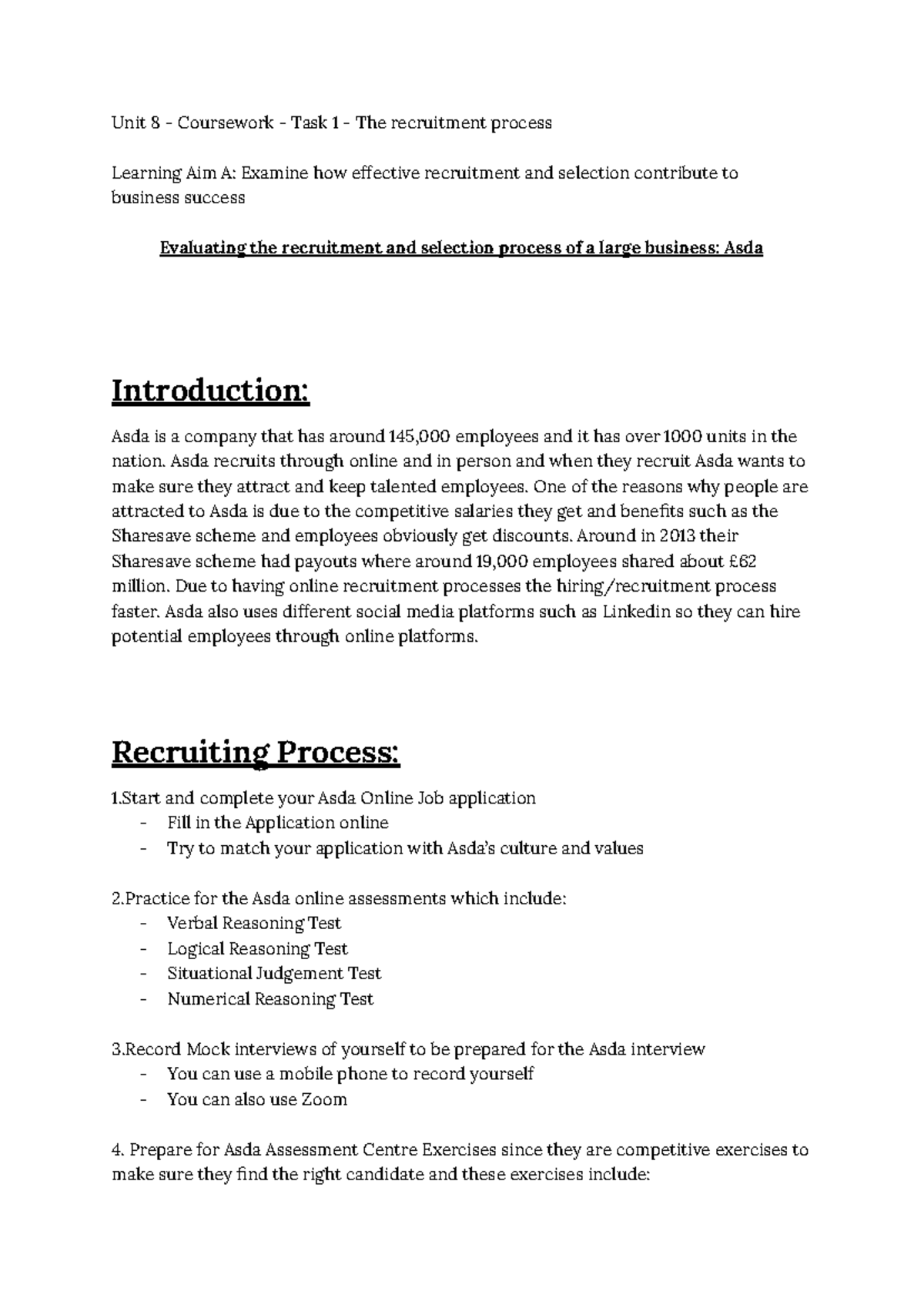 BTEC Business Unit 8 - Coursework - Task 1: Recruitment Process ...