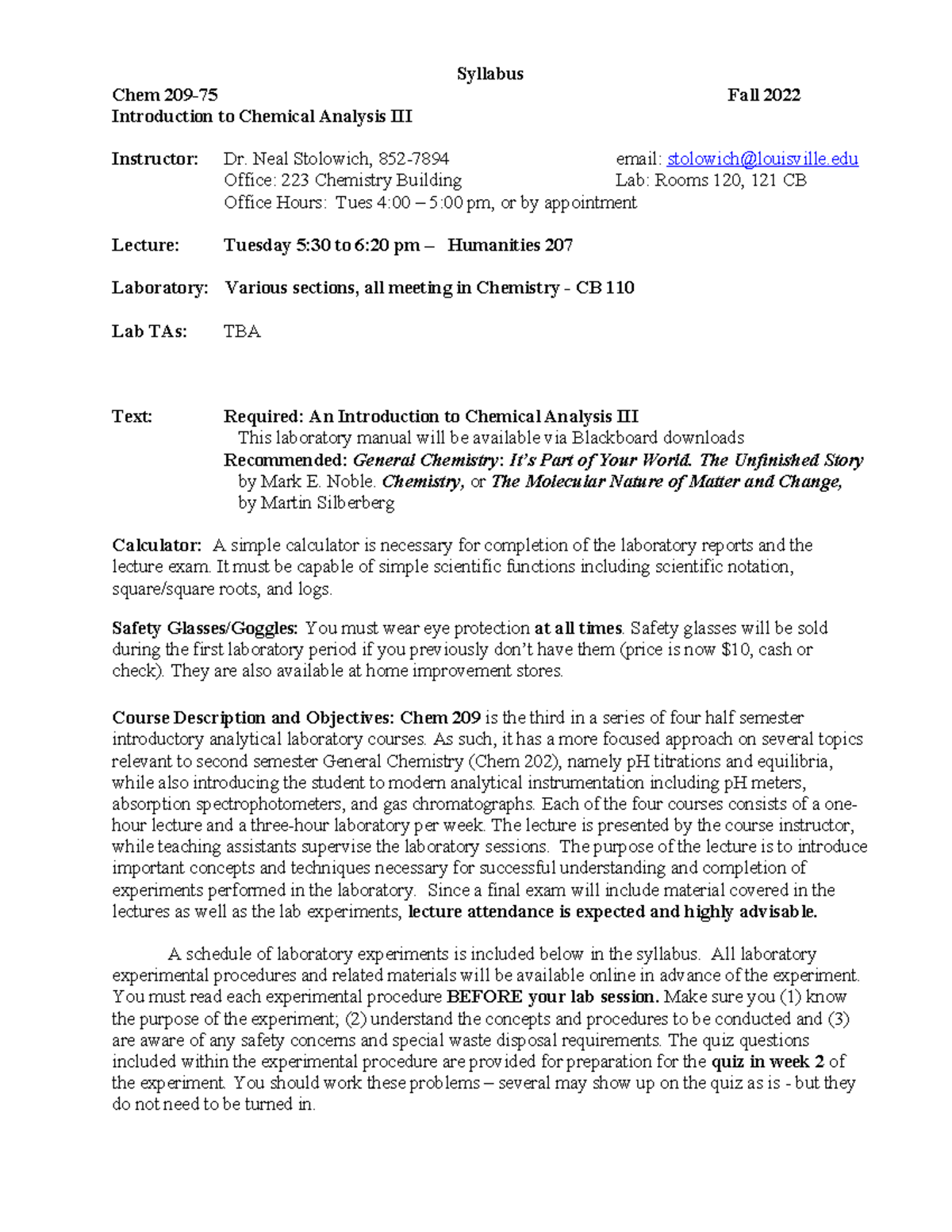 CHEM-209-75 Fall 2022 Syllabus: Intro to Chemical Analysis III - Studocu