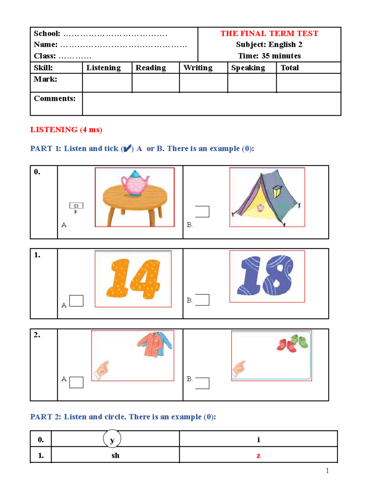 ĐỀ 1 KÌ 2 LỚP 2 - FINAL TERM TEST ENGLISH 2 - Studocu