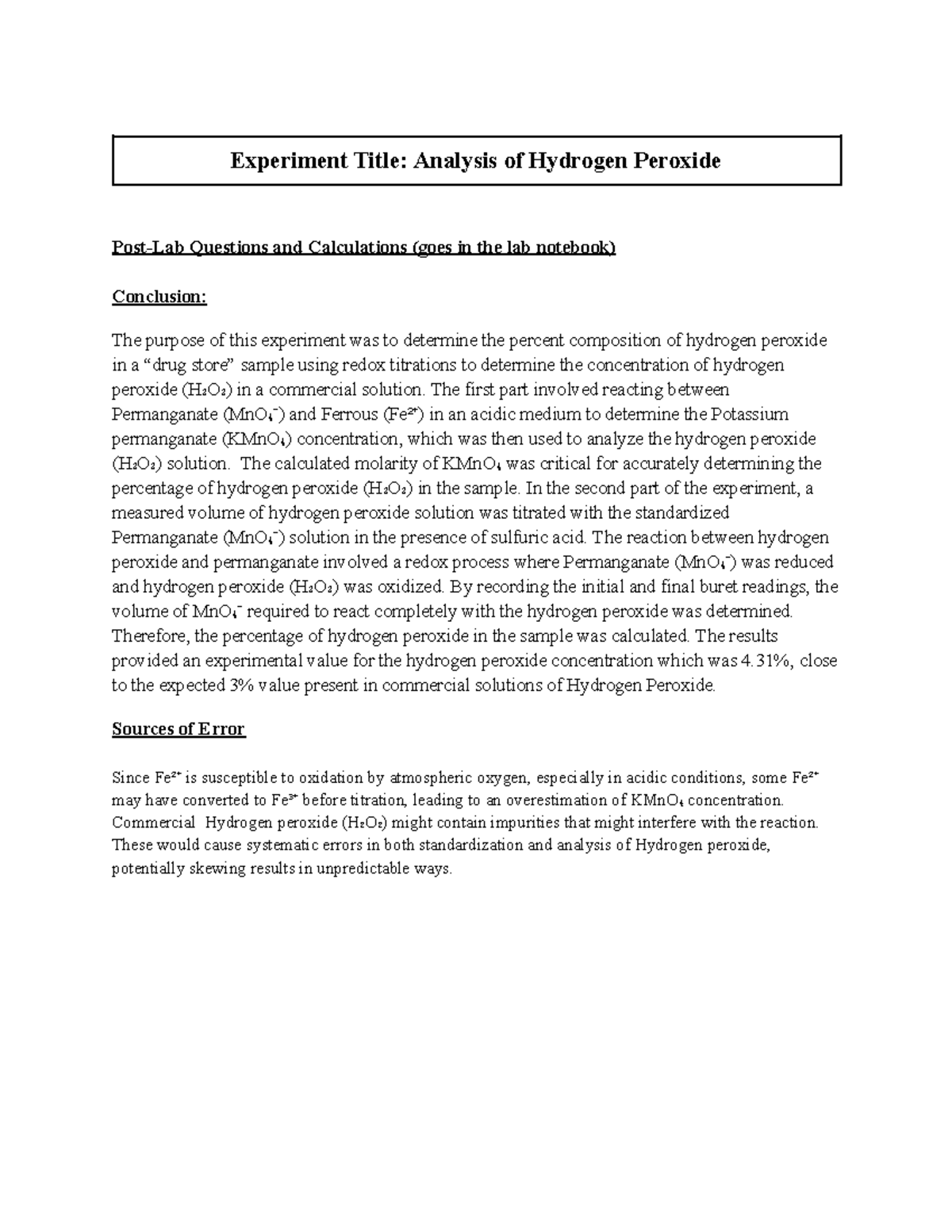 CHEM 101: Lab Report on Hydrogen Peroxide Analysis and Titration - Studocu