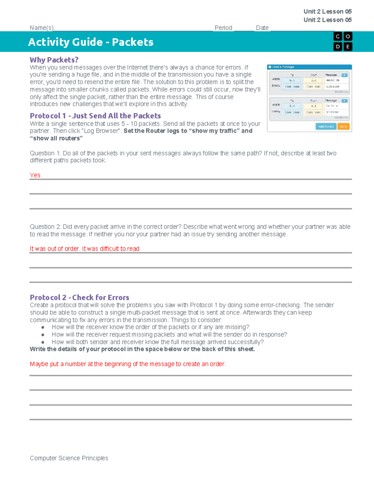 Unit 2 Lesson 05 Activity Guide: Understanding Packets in CS Principles - Studocu