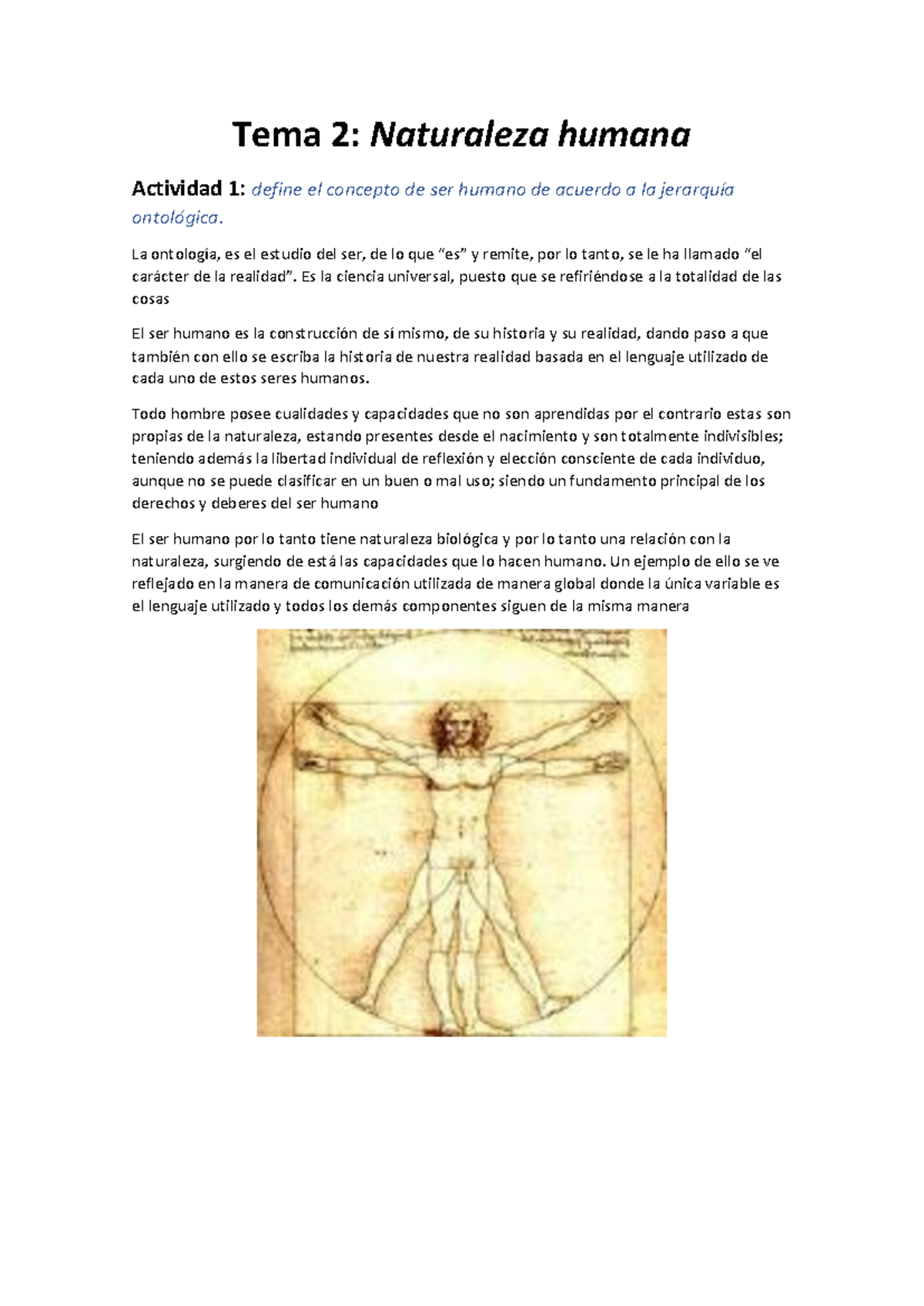 ontología del ser humano - Tema 2: Naturaleza humana Actividad 1 ...