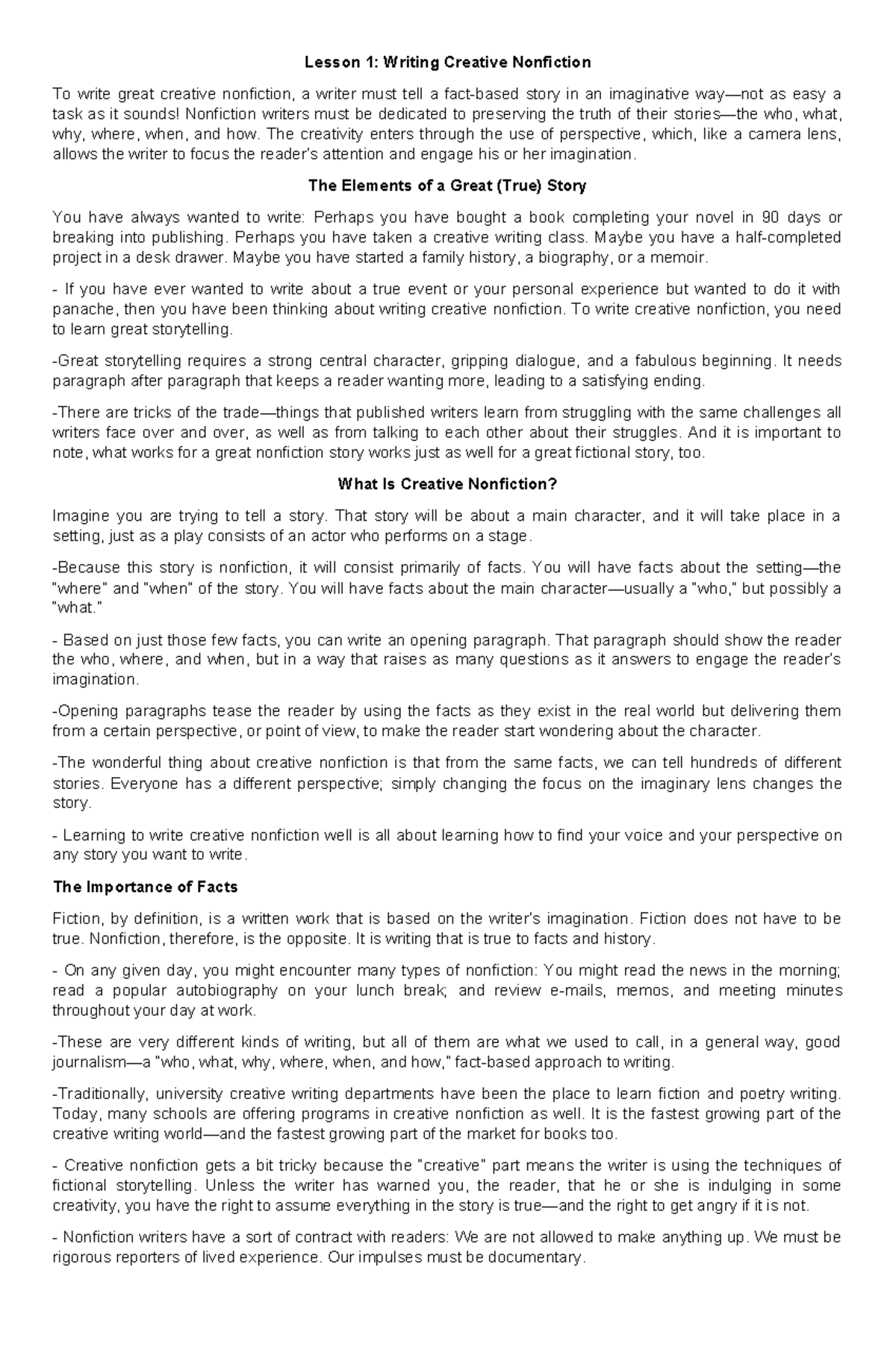 Creative Nonfiction Writing: Key Lessons and Techniques (CNF) - Studocu