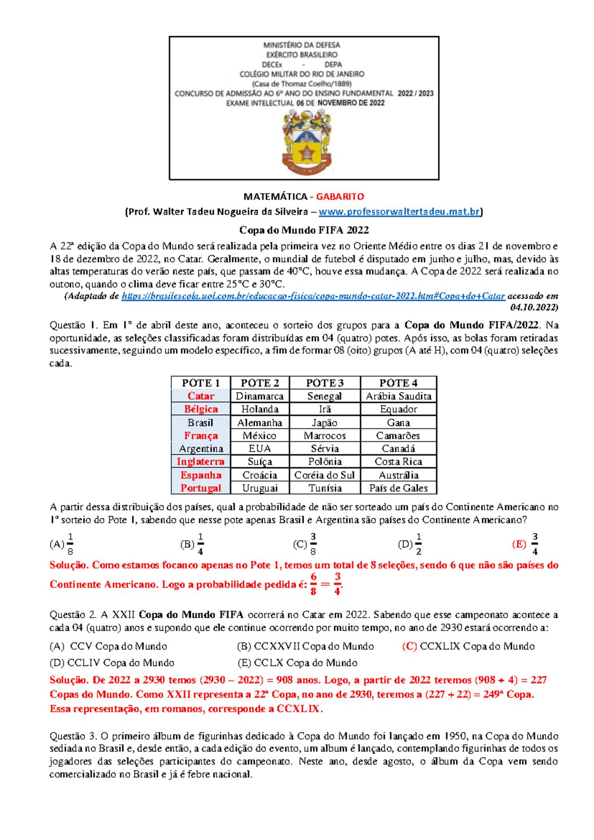 MATEMÁTICA GABARITO - Copa do Mundo FIFA 2022 (Prof. Walter Tadeu ...