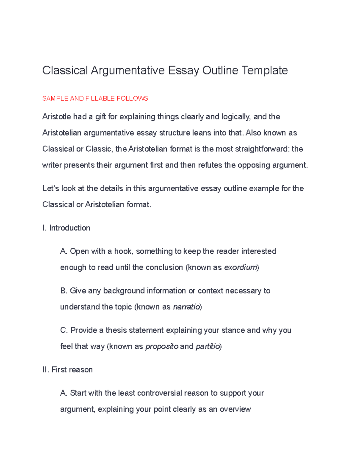 CLASS-101 - Classical Argumentative Essay Structure Outline Template ...