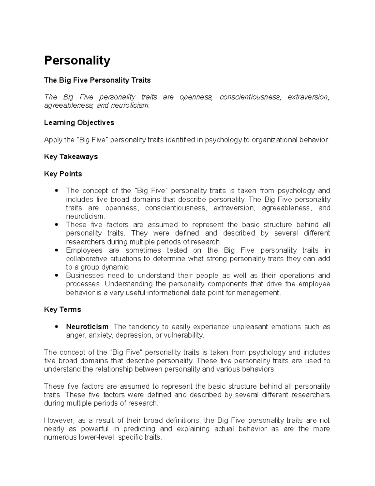 Personality - Learning Objectives Apply the “Big Five” personality ...