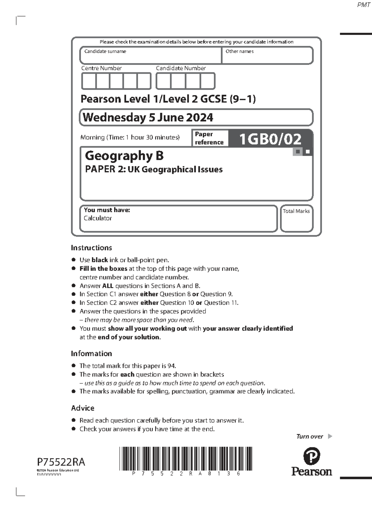 June 2024 Edexcel Geography GCSE Paper 2: UK Geographical Issues - Studocu