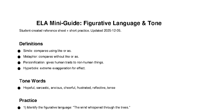 ELA Figurative Language Guide - ELA Mini-Guide: Figurative Language ...
