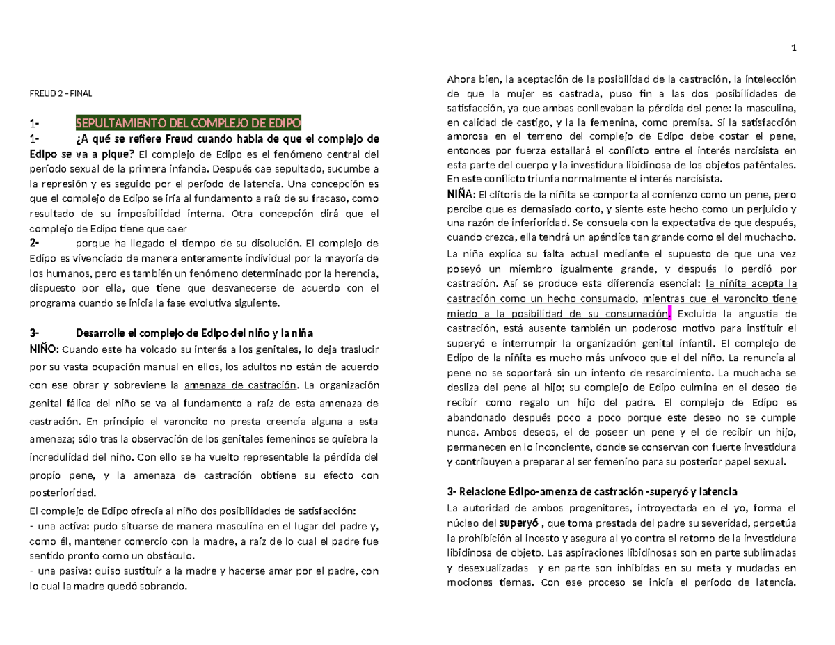 Final DE Freud II - FREUD 2 - FINAL 1- SEPULTAMIENTO DEL COMPLEJO DE ...