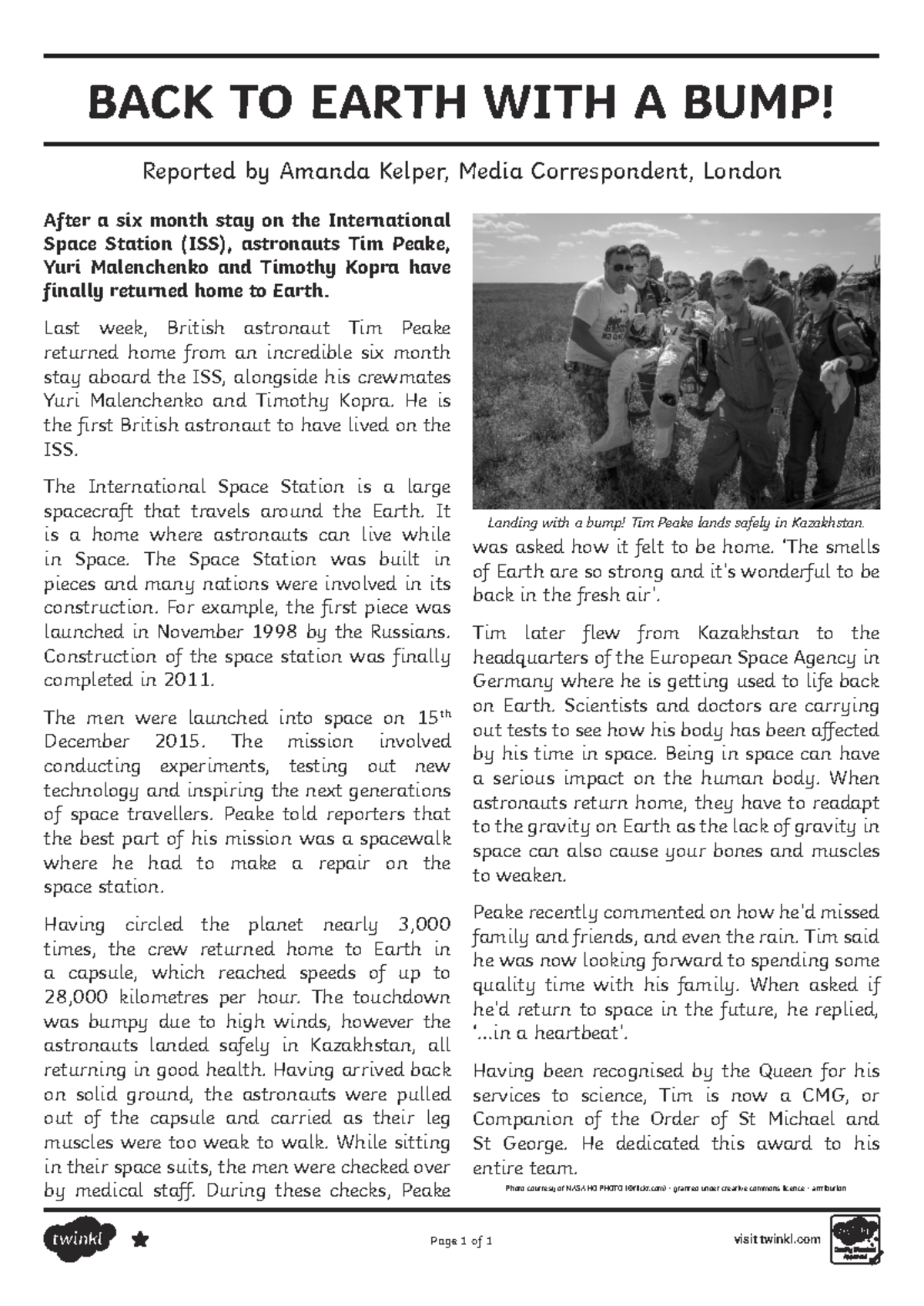 Back To Earth With A Bump newspaper article example - After a six month ...