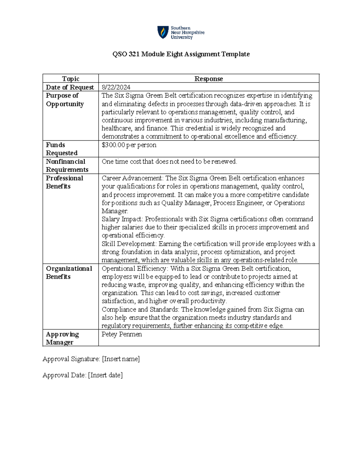 QSO 321 Module 8 - Six Sigma Green Belt Certification Proposal - Studocu