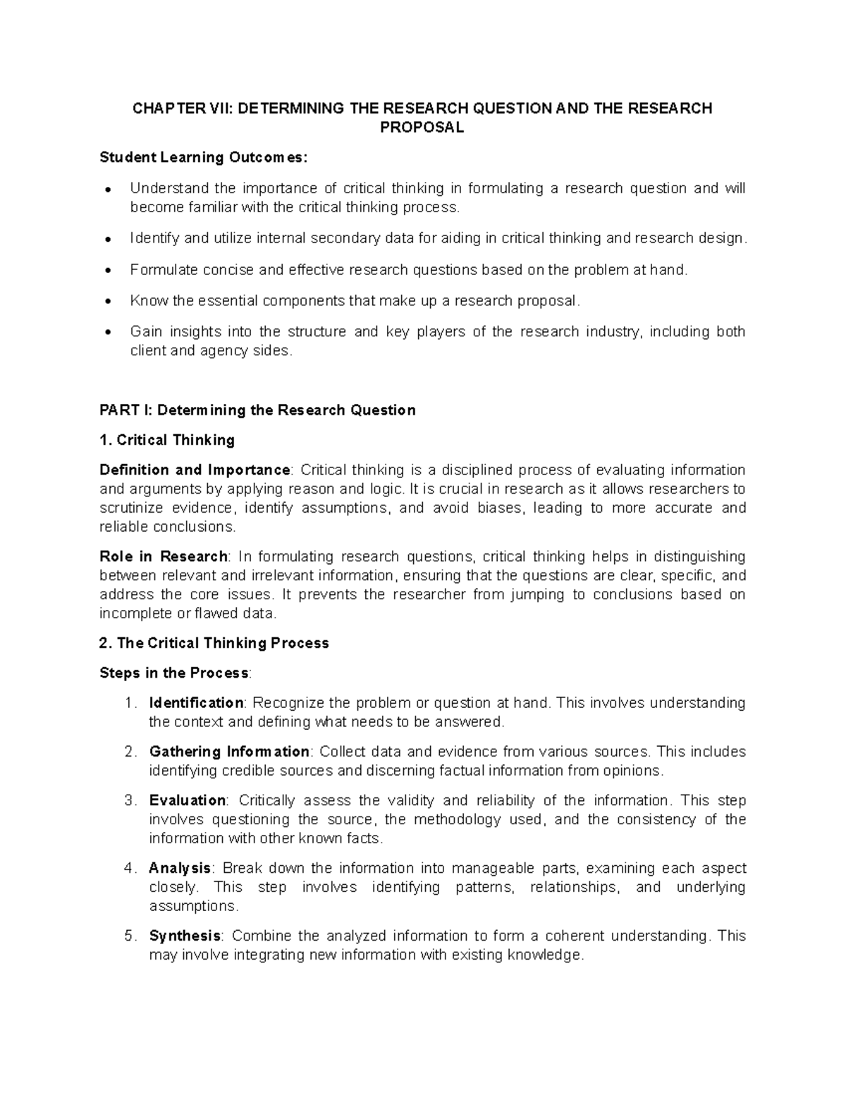 Chapter VII - Market Research & Consumer Behavior: Research Questions ...