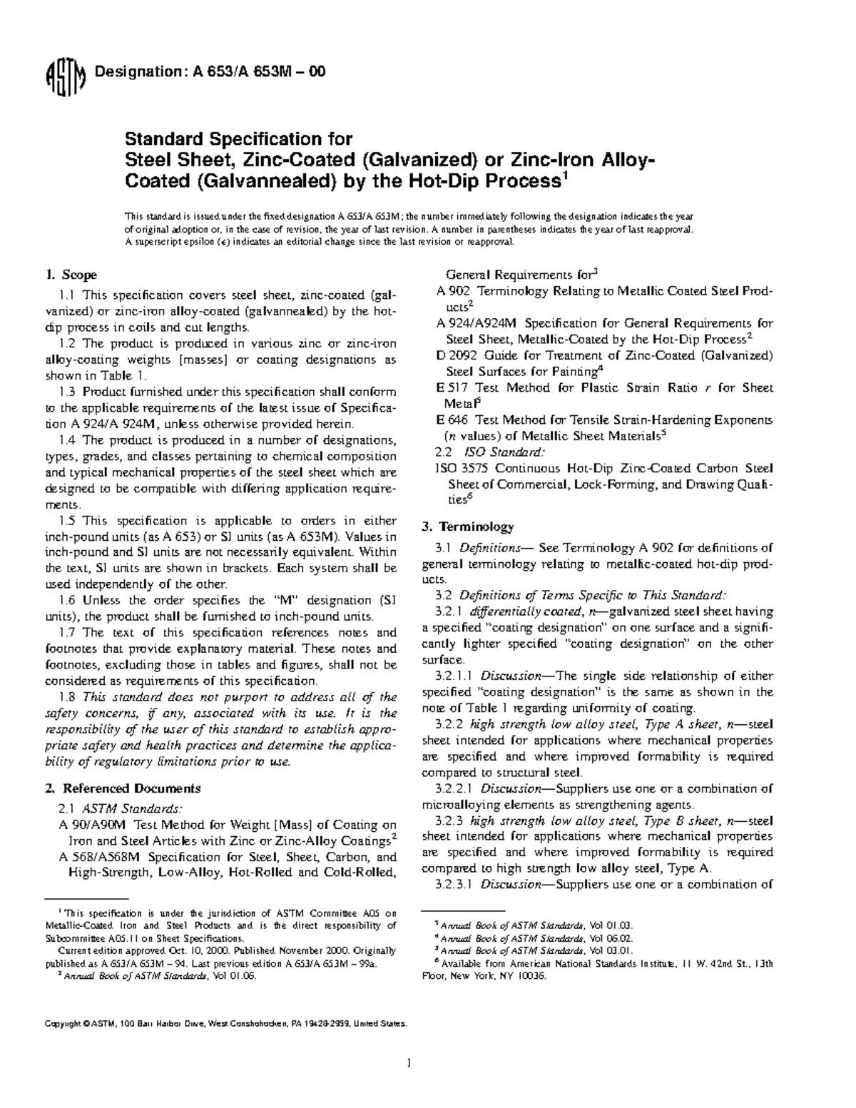 Astm-a653 - astm-a653 - Designation: A 653/A 653M – 00 Standard Specification for Steel Sheet ...