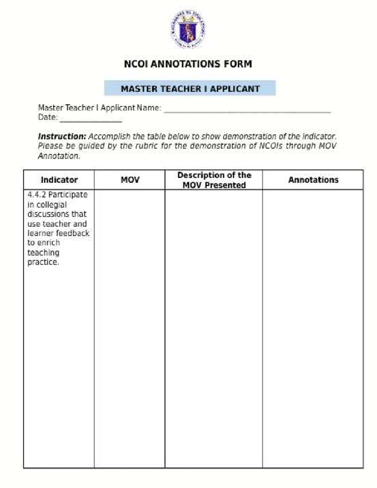 NCOI Annotations Form for Master Teacher I Applicant - Studocu