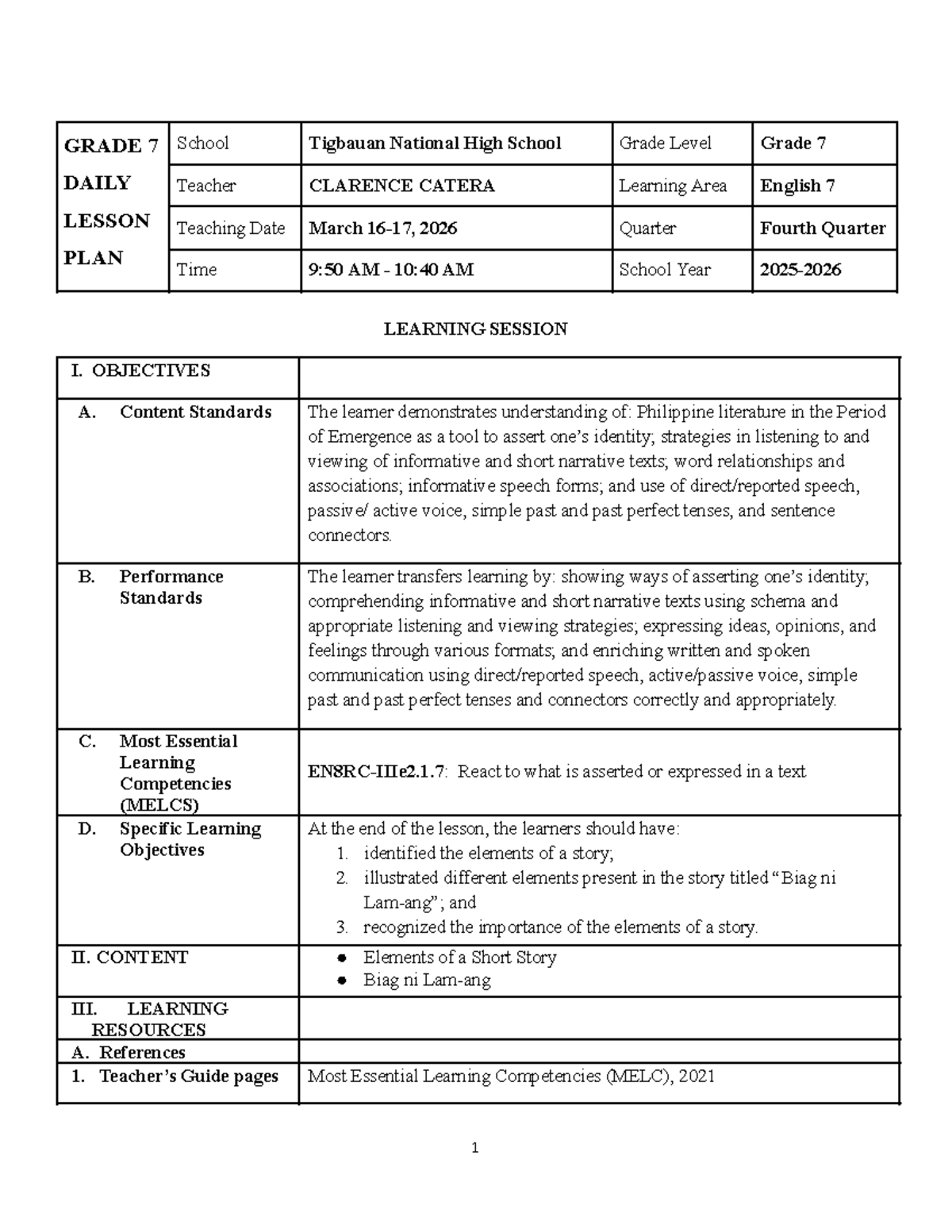 LP English 7 Lesson Plan: Elements of a Short Story - Studocu