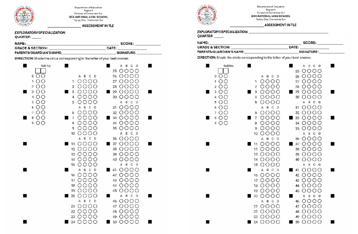 TLE Assessment Answer Sheet - GOA National High School - Studocu