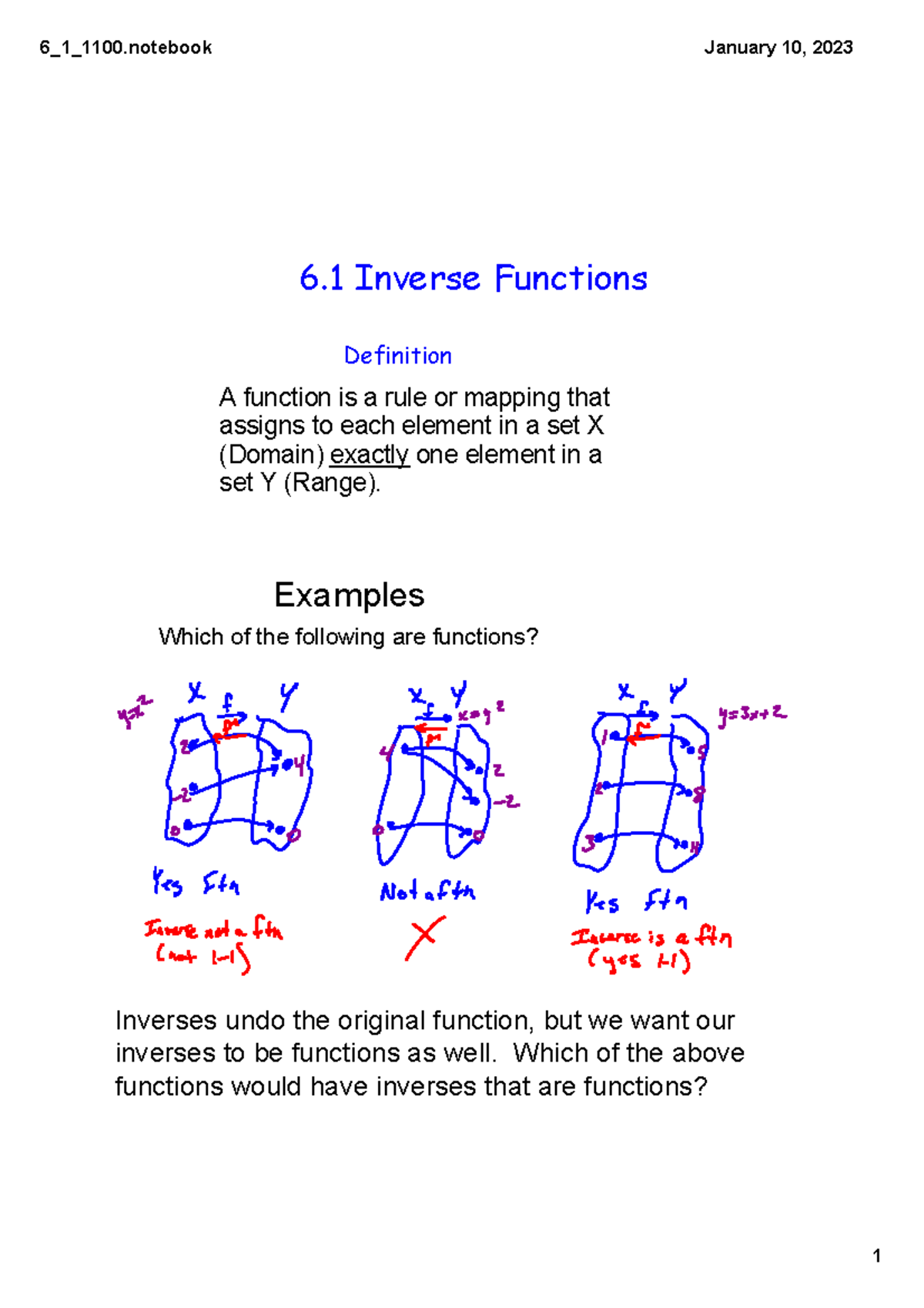 6 1 1100 - Calculus II - 6 Inverse Functions Definition A function is a ...