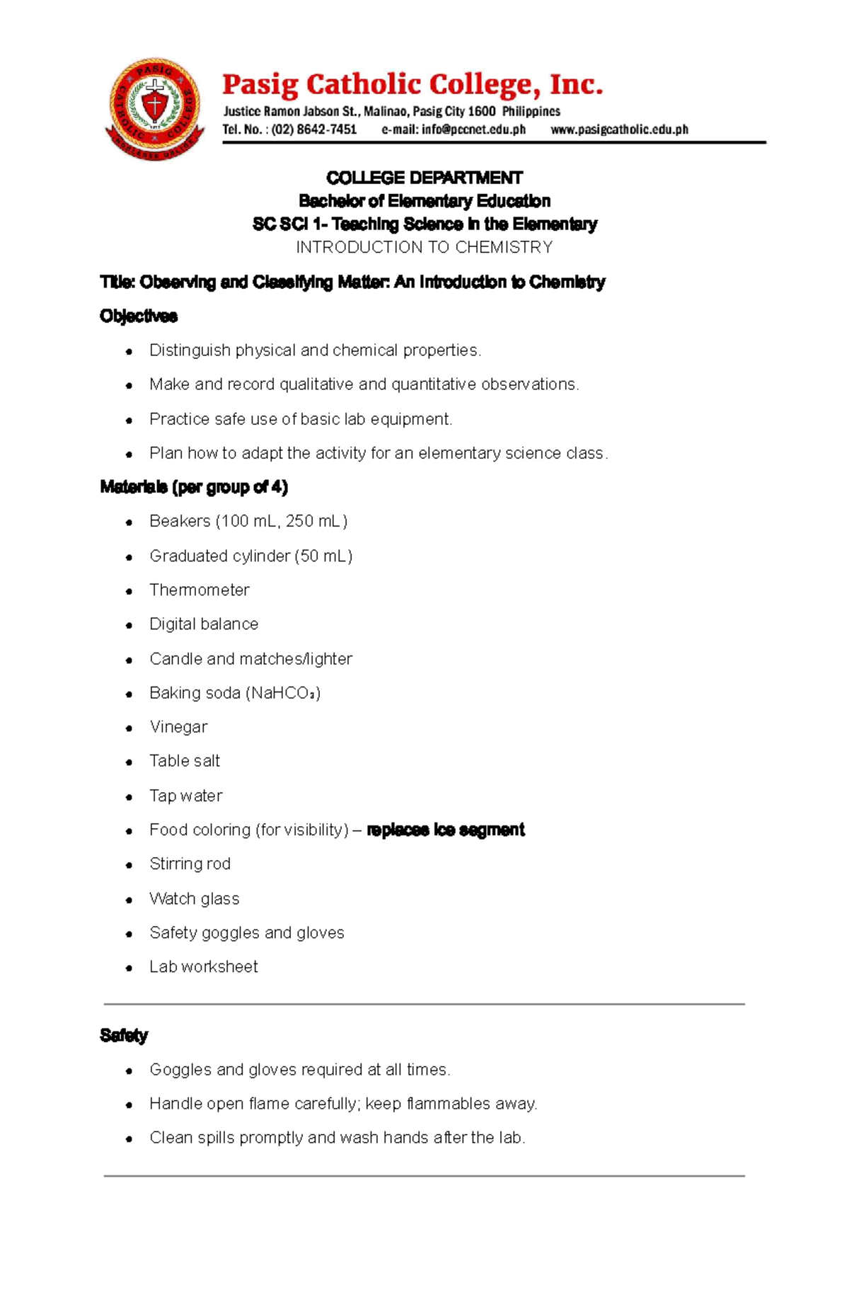 EDUC 101: Observing and Classifying Matter in Chemistry Lab Activity ...