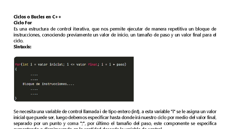 Estructuras repetitivas C++ - Ciclos o Bucles en C++ Ciclo For Es una ...