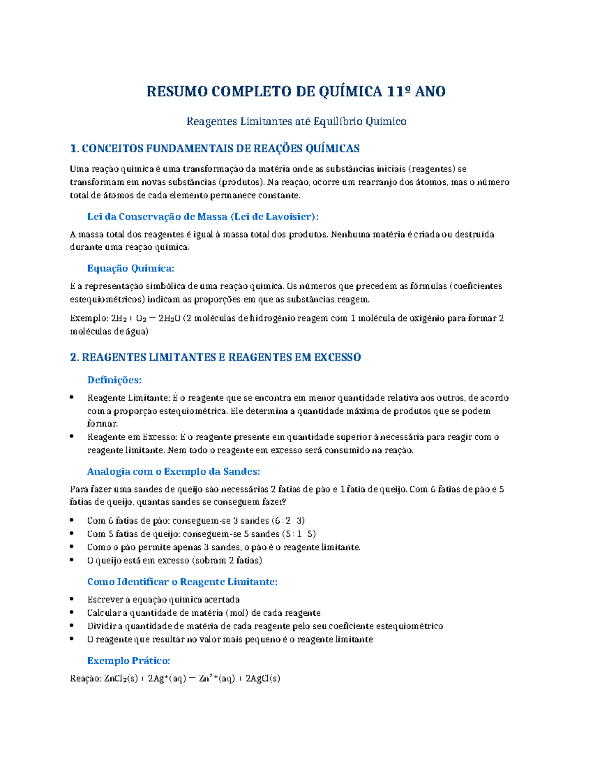 Resumo de Química 11º Ano: Reagentes Limitantes e Equilíbrio Químico ...