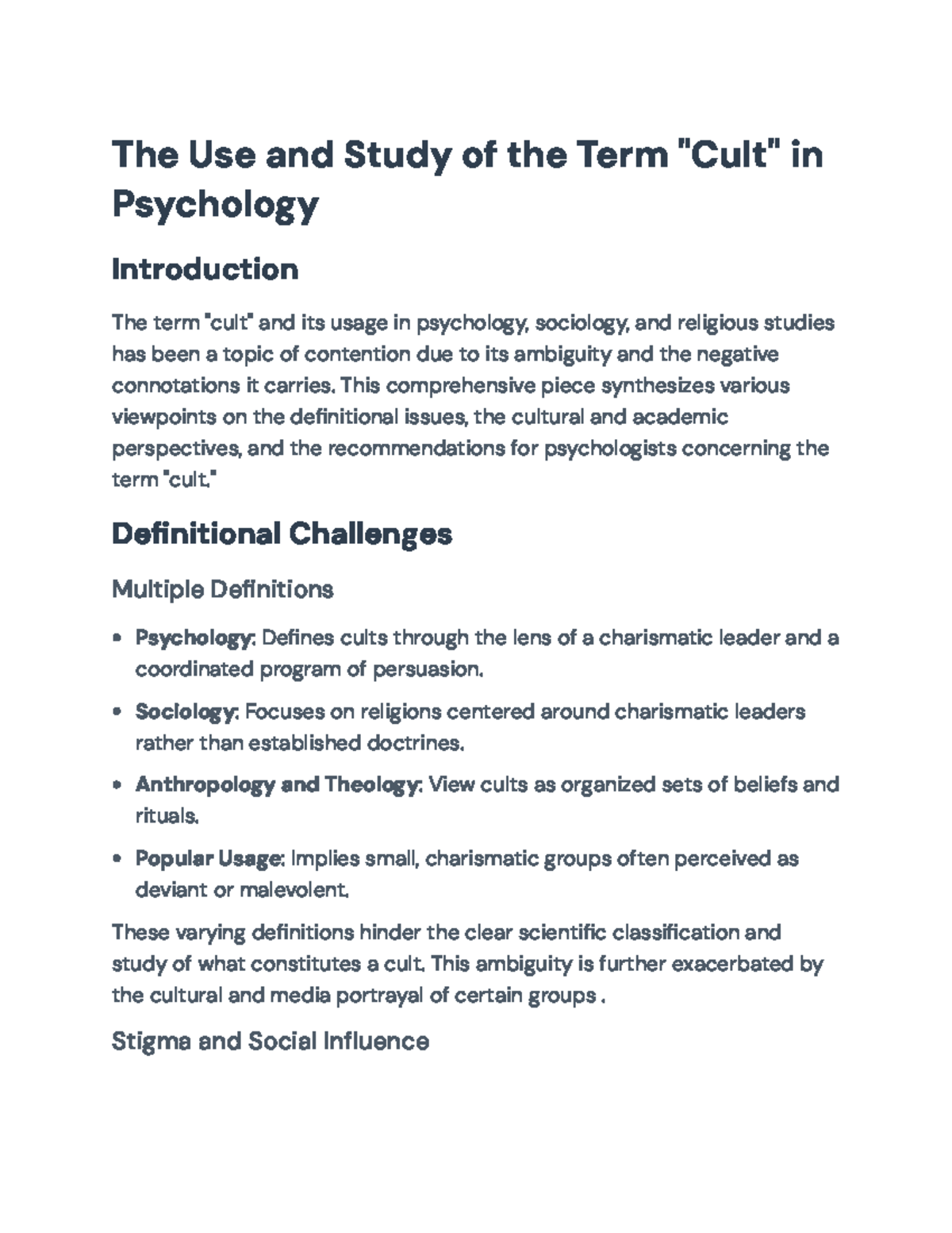 The Use and Study of "Cult" in Psychology: Definitional Challenges ...