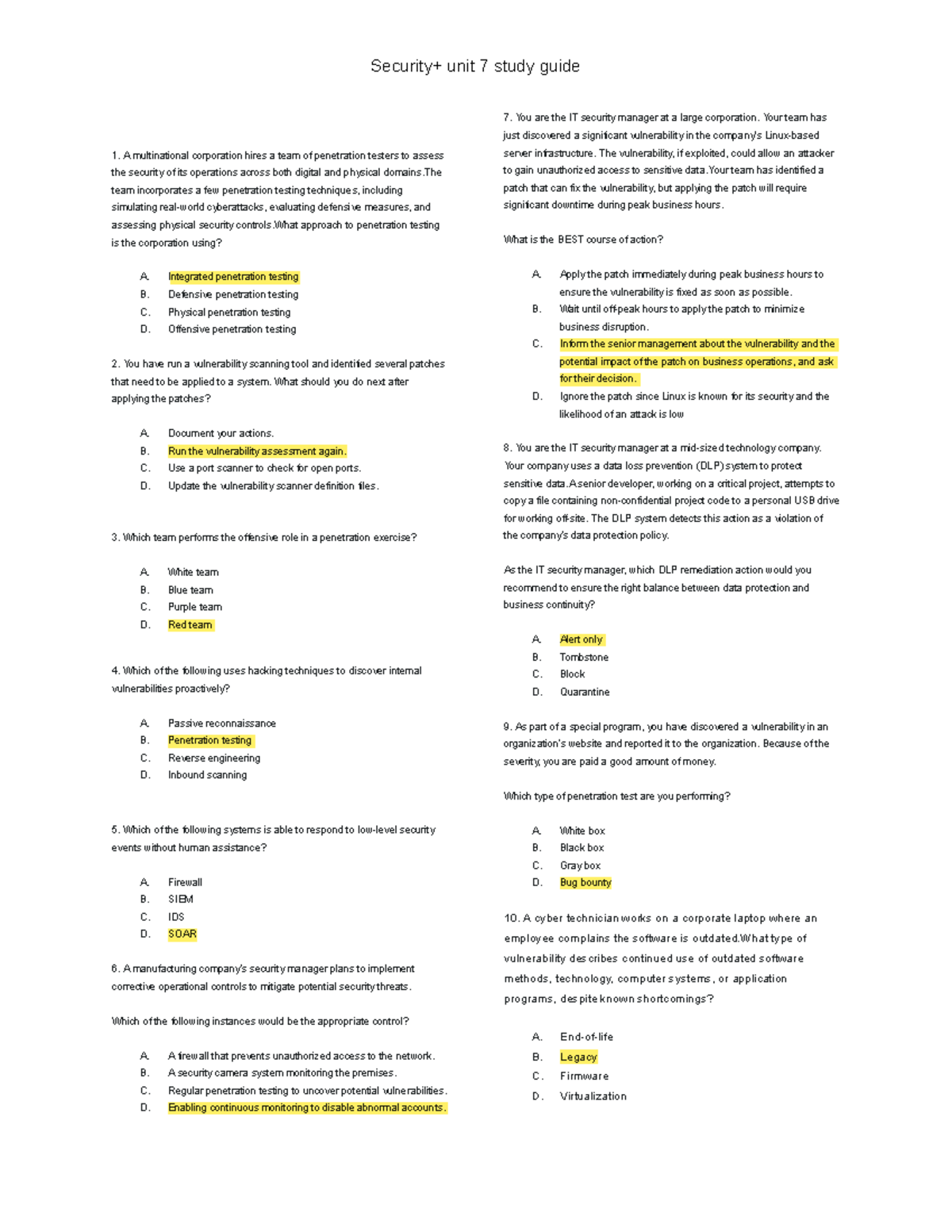Security+ Unit 7 Study Guide: Penetration Testing and Vulnerability ...