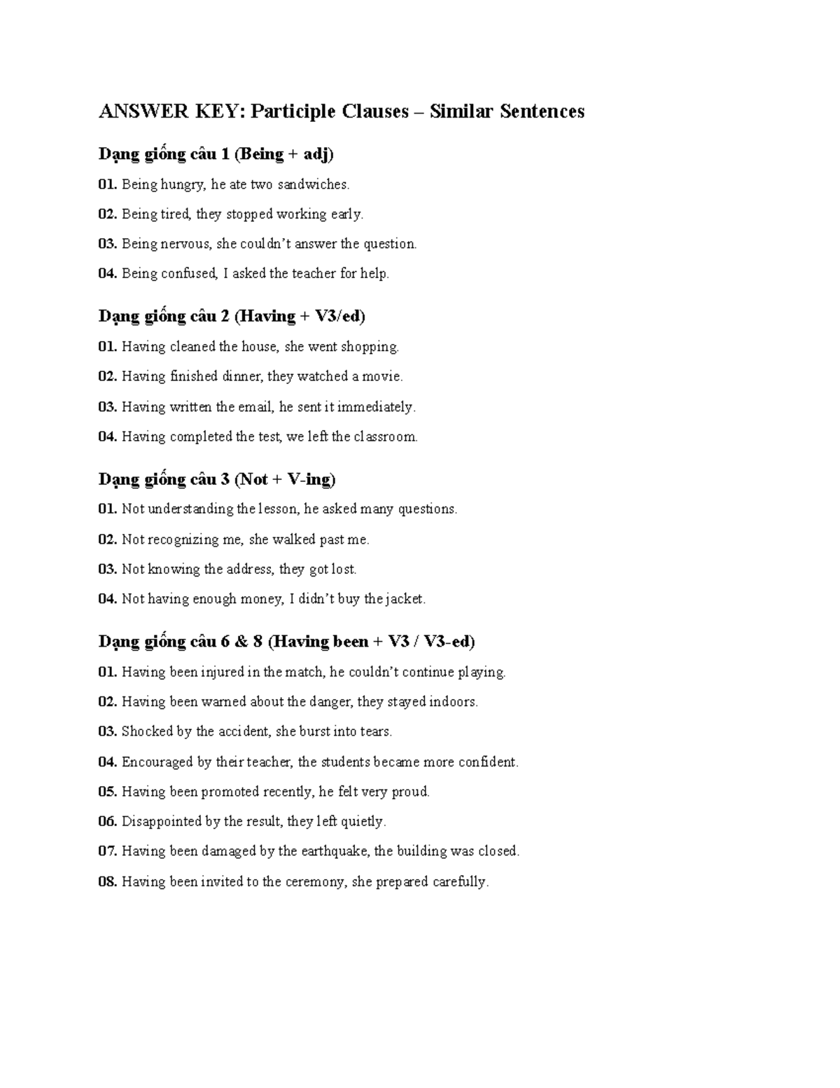 ANSWER KEY: Participle Clauses Practice Dap an - Studocu