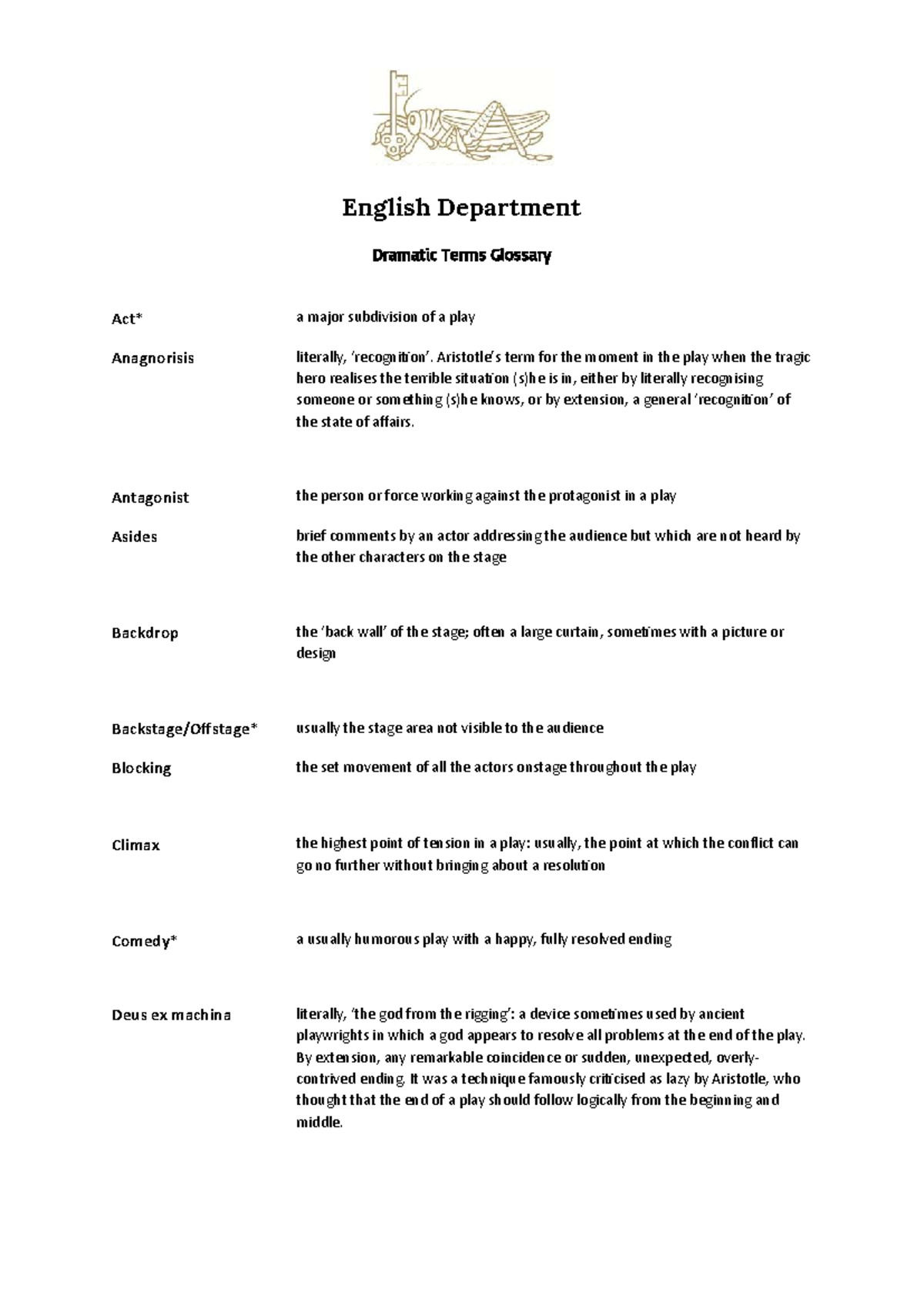 Dramatic Terms Glossary for English Dept: Core Terms Y7+ - Studocu