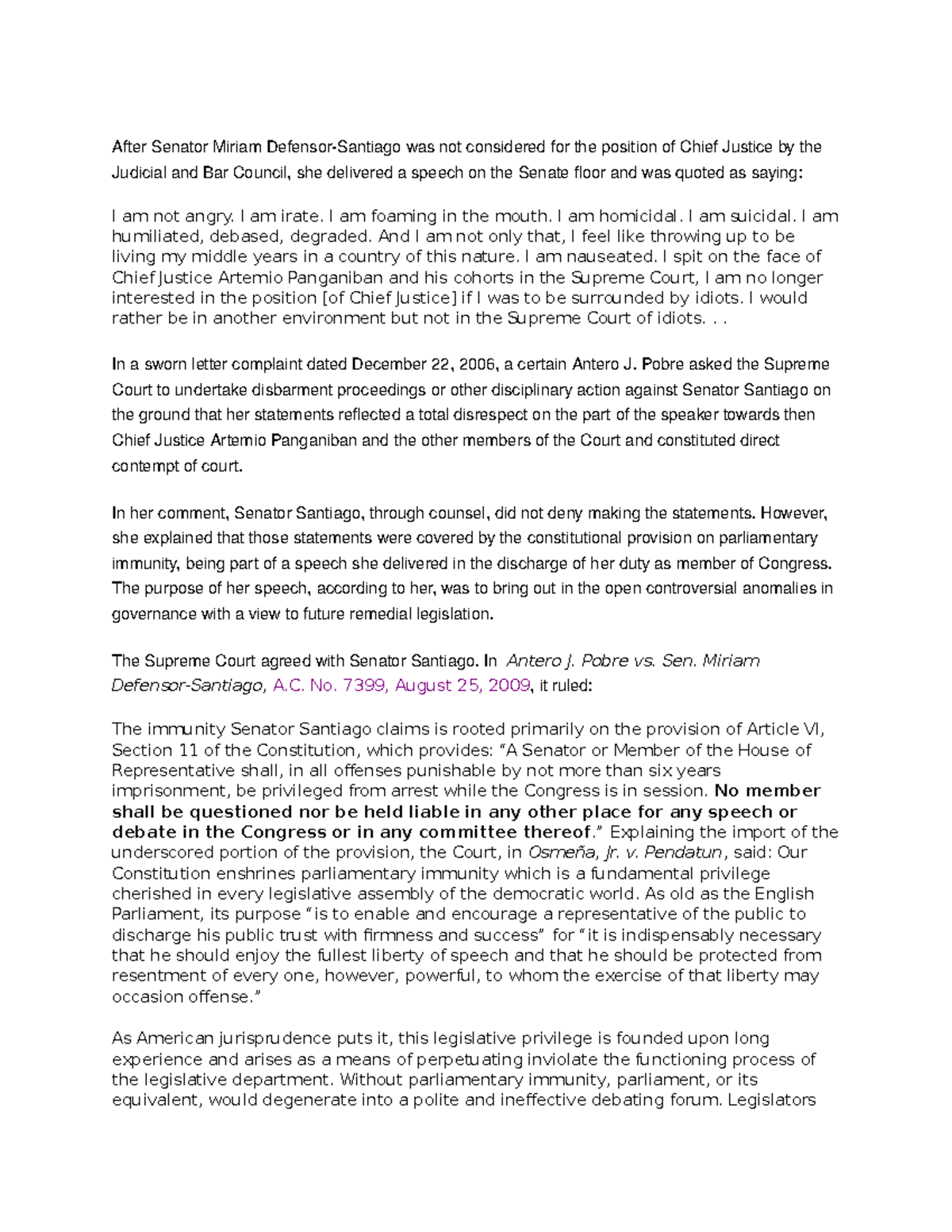 Case Digest: Antero J. Pobre vs. Sen. Miriam A.C. No. 7399 - Studocu
