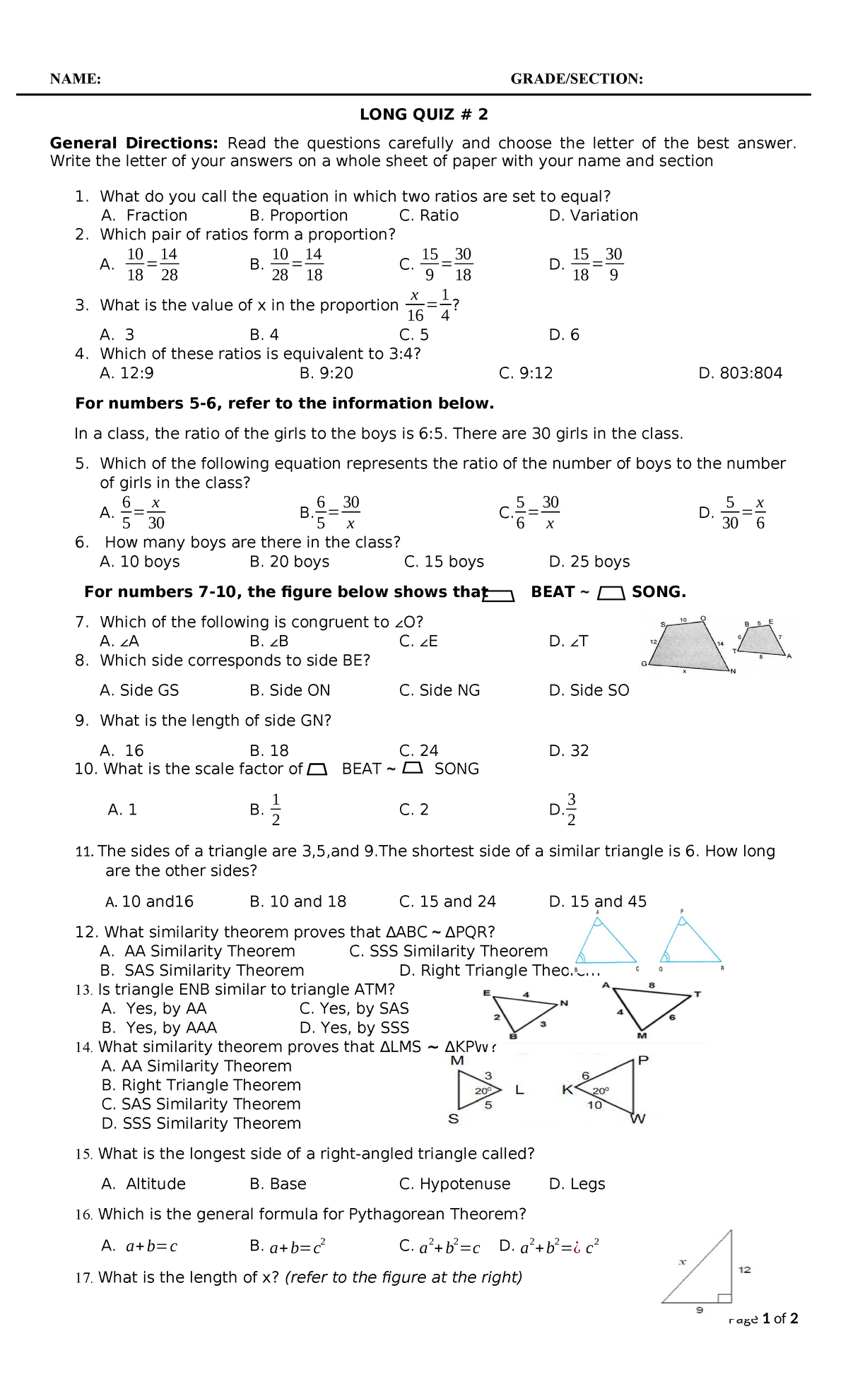 LONG TEST 2 - MATH QUIZ ON RATIOS AND SIMILARITY - Studocu