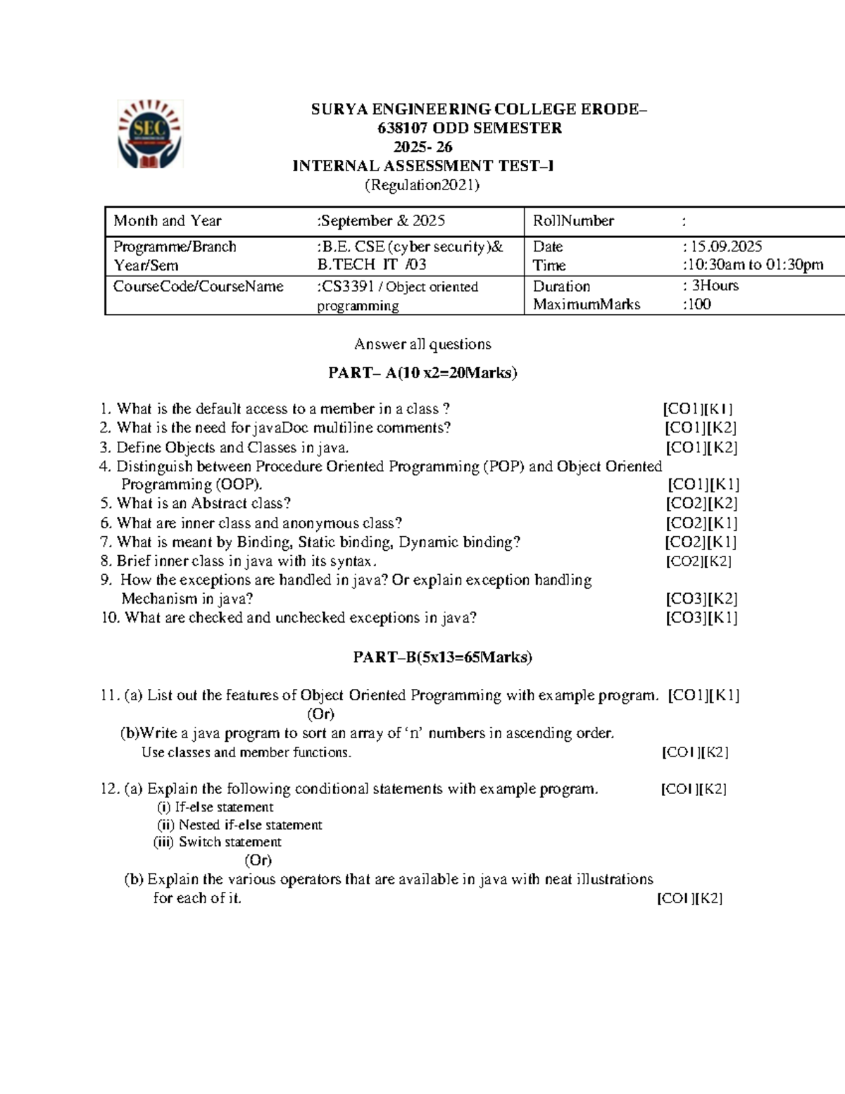 CS3391 ODD SEMESTER 26 INTERNAL ASSESSMENT - OOPs QP - Studocu