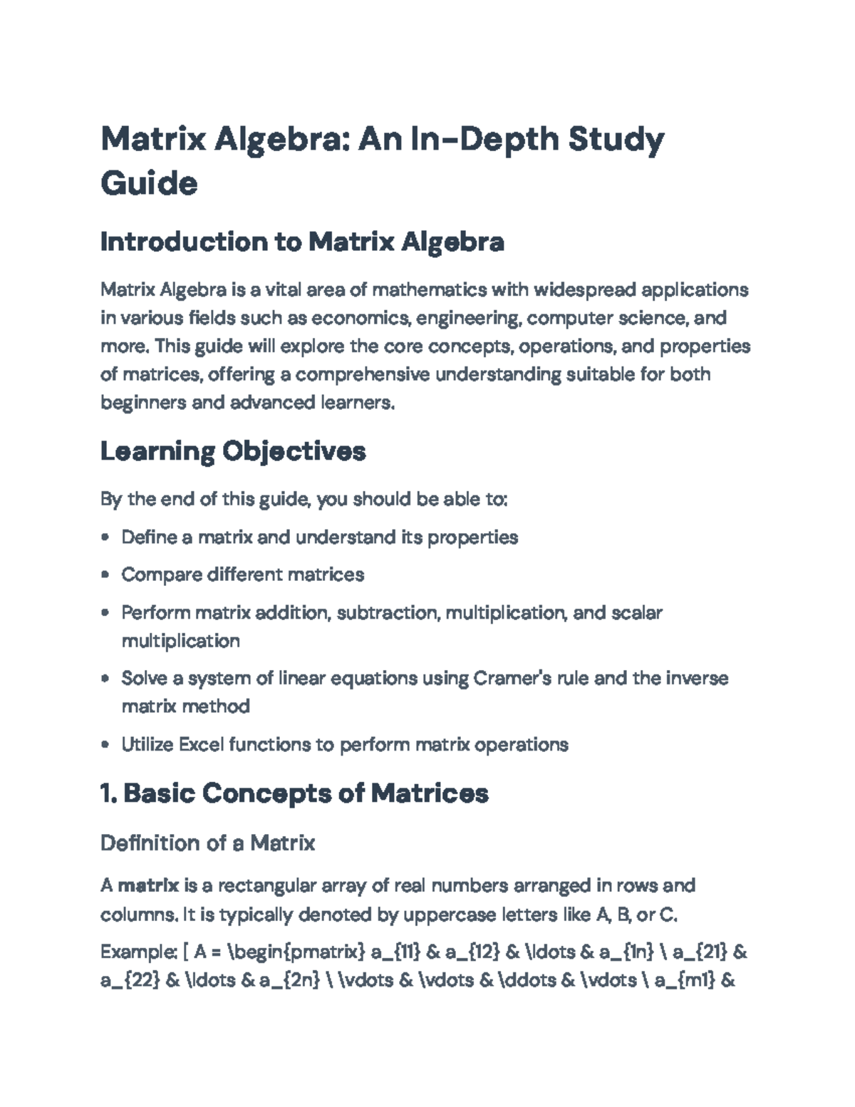 Matrix Algebra Guide: Core Concepts and Practical Applications - Studocu