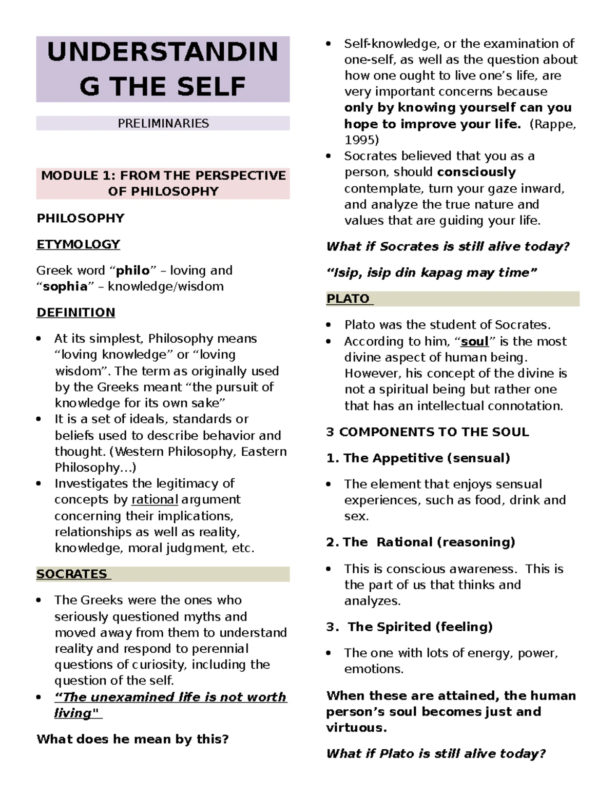 Understanding the Self: Philosophical Perspectives and Reflections - Studocu