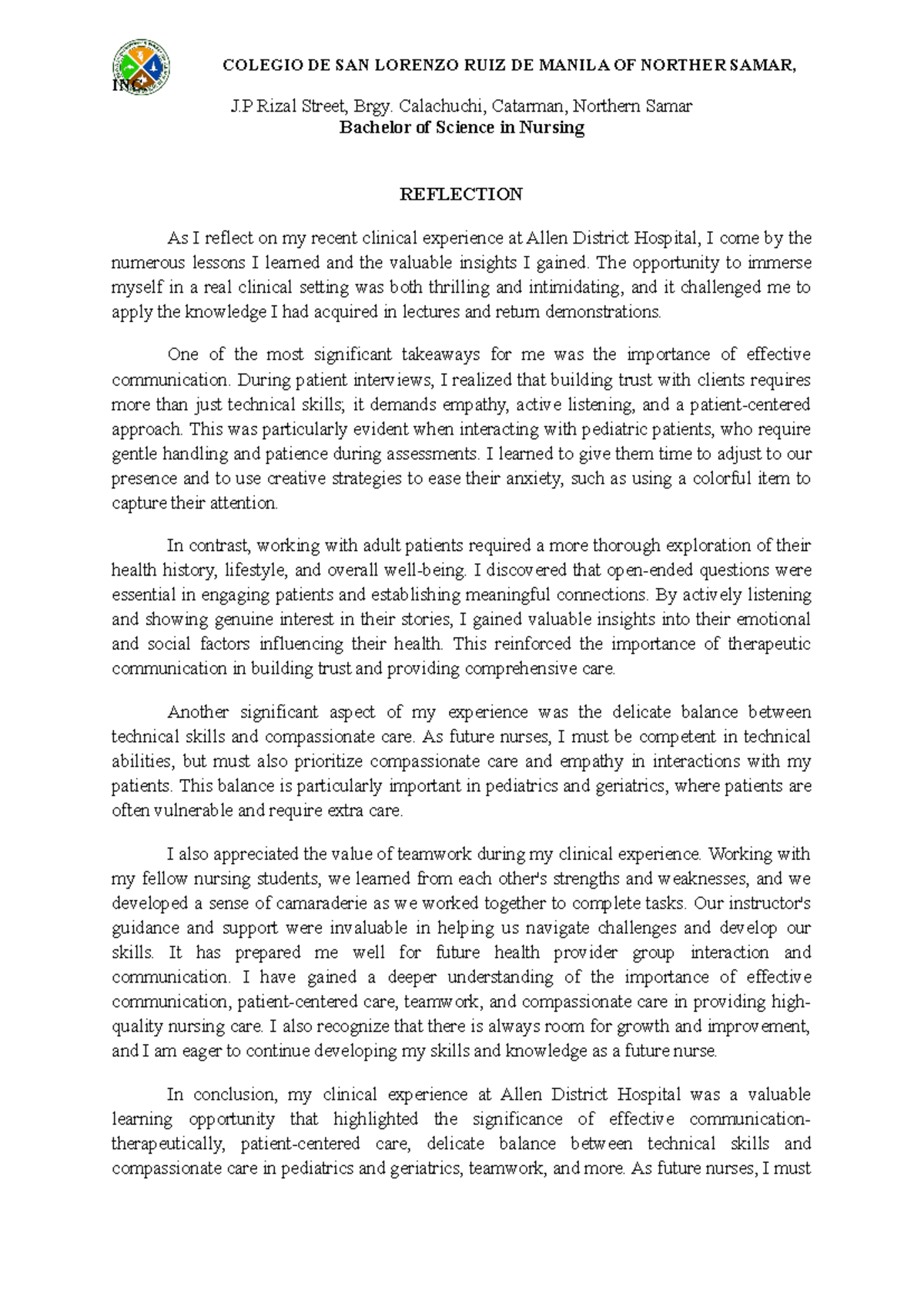 1st Year Nursing Reflection on Clinical Experience at Allen District ...