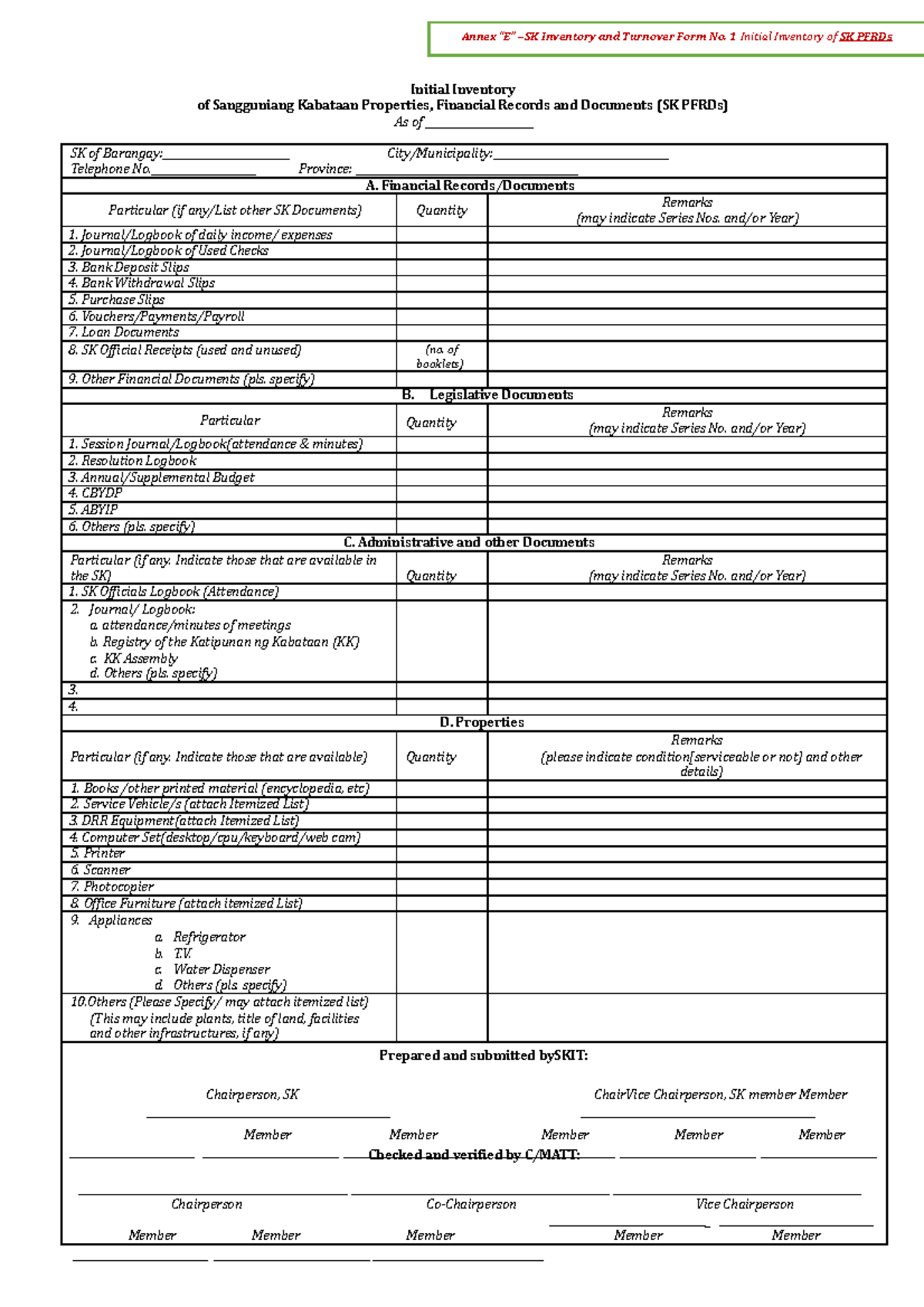 SK Inventory and Turnover Form No. 1 Initial Inventory of SK PFRDs ...