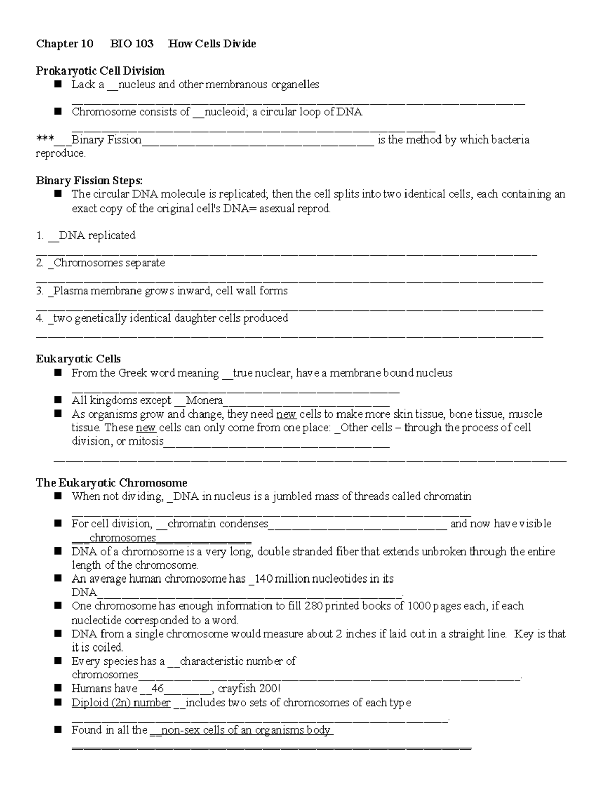 Chapter 10 BIO 103 Notes: Cell Division in Prokaryotes & Eukaryotes ...