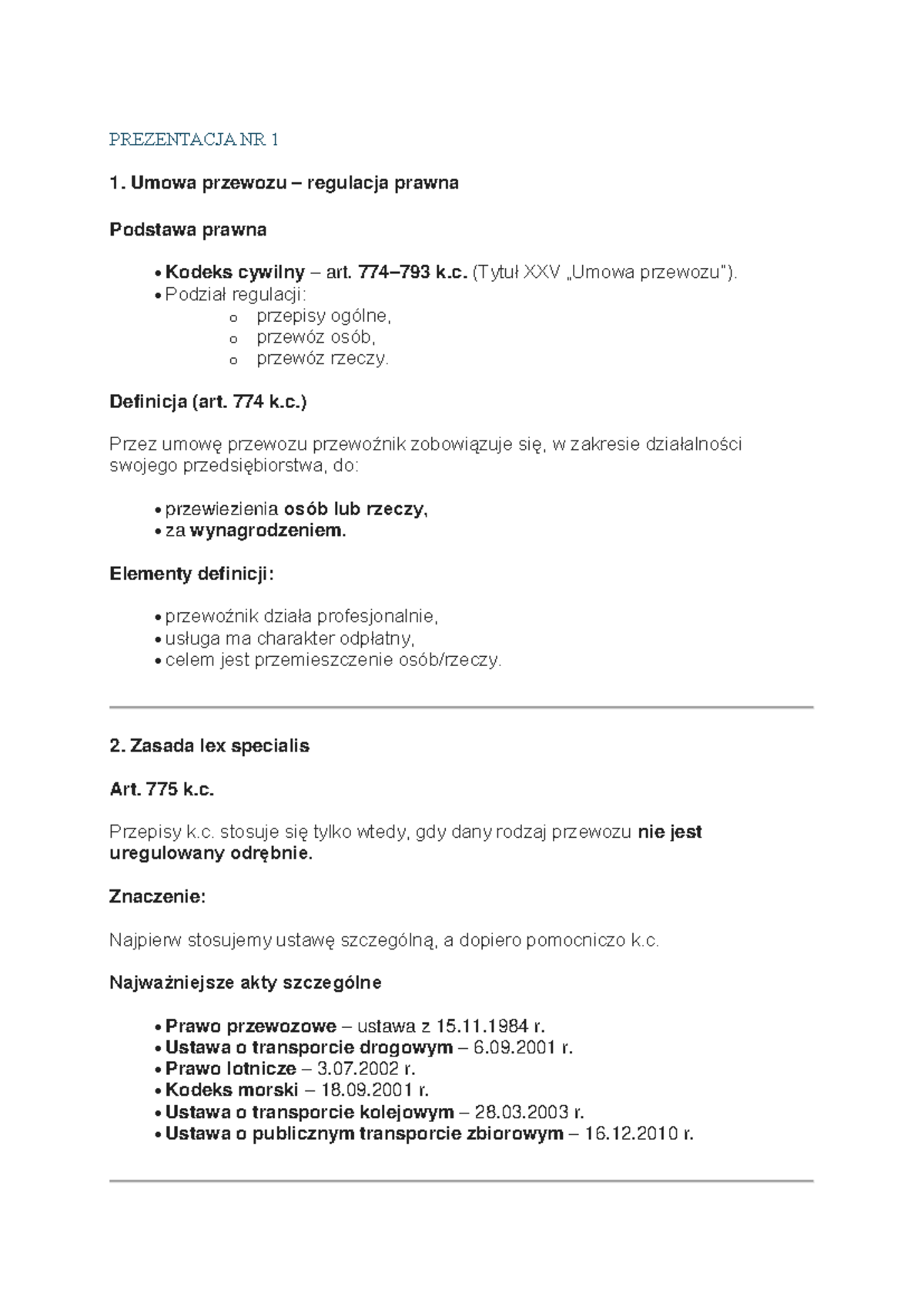 PREZENTACJA NR 1: Umowa Przewozu i Prawo Przewozowe w Kodeksie Cywilnym ...