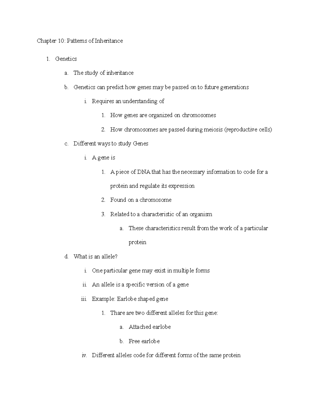 Biology Lecture Notes: Genetics and Patterns of Inheritance (Chapter 10 ...