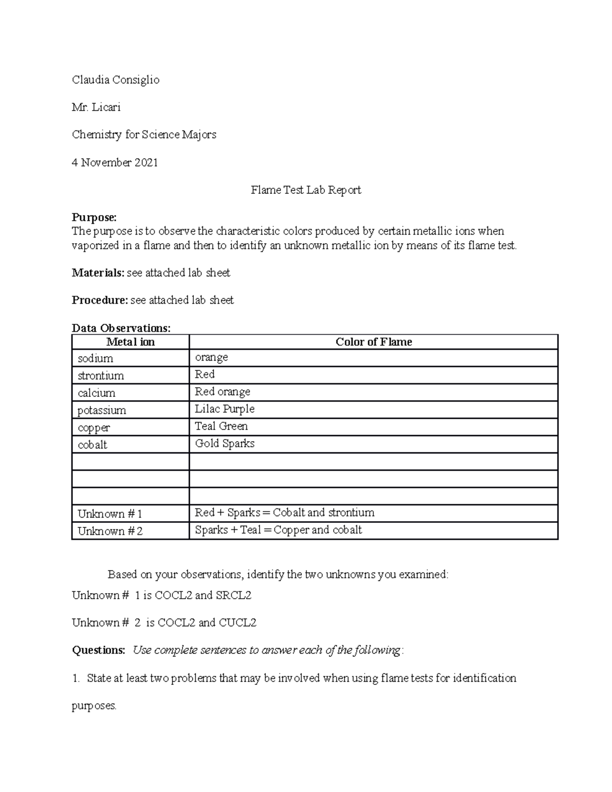 Flame Test Lab Report - Chem for Science Majors (2021) - Studocu