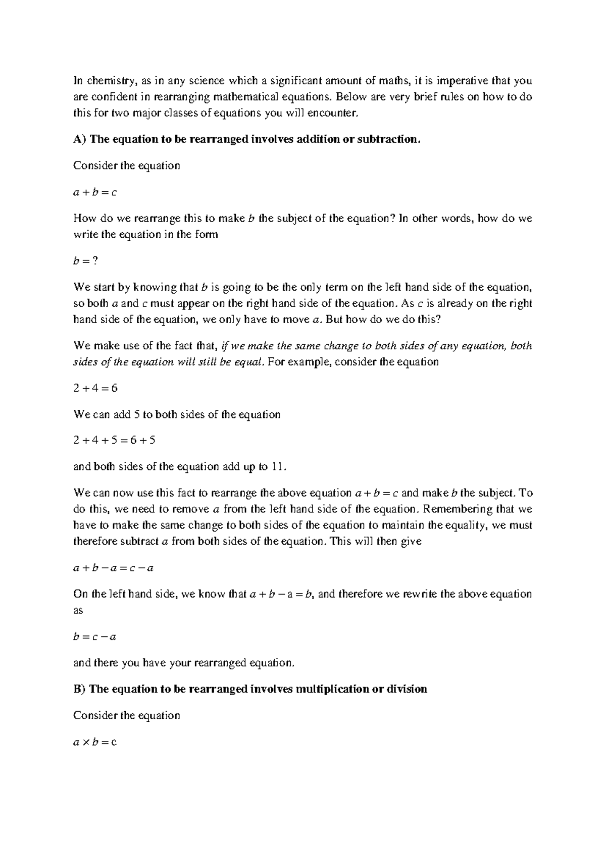 Equations Rearrangement Tutorial 1 Questions for Chemistry Students ...
