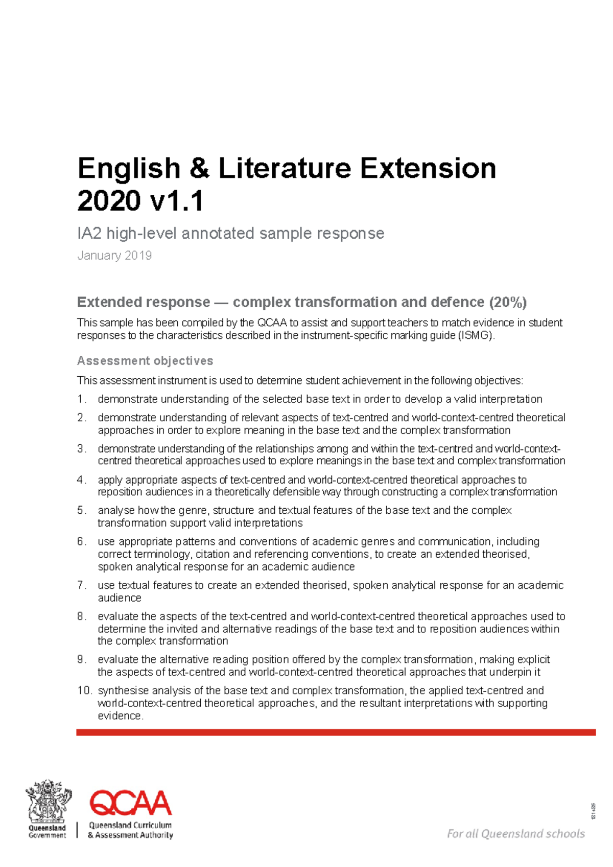 English Literature Extension 2020 v1.1 IA2 Annotated Sample Response ...