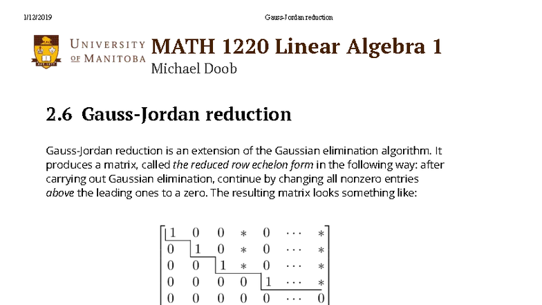 Gauss-Jordan Reduction in MATH 1220 Linear Algebra 1 - Studocu